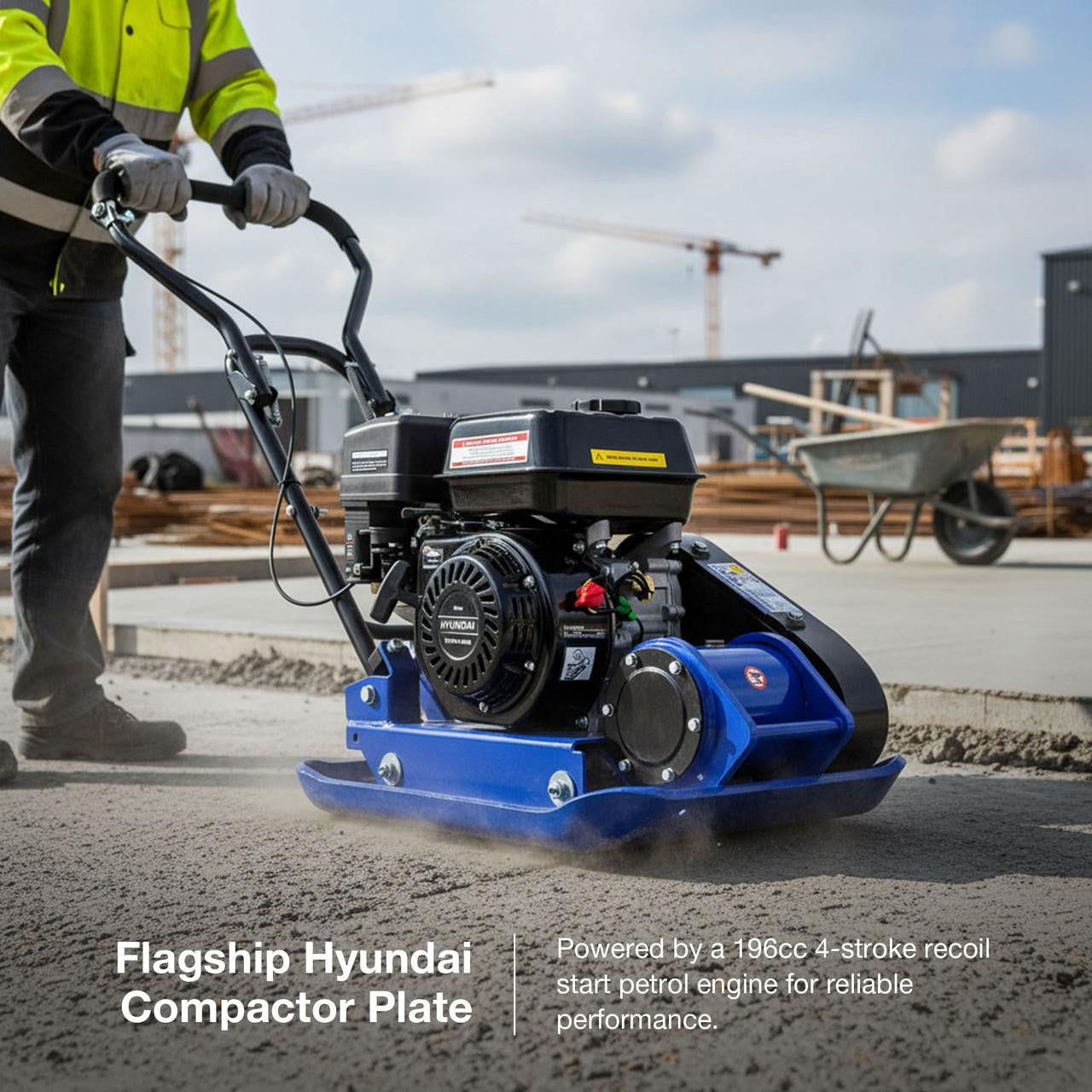 Hyundai 81.5kg, 42cm, 196cc Petrol Plate Compactor, Wheel Kit and Pavi ...